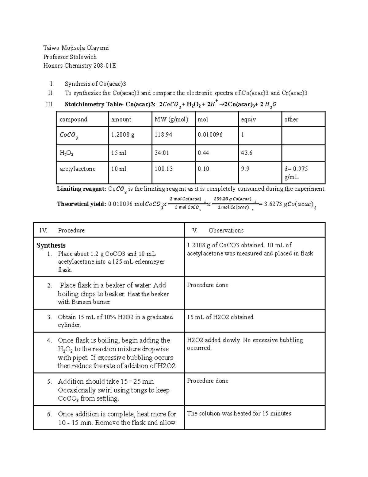 EXP 4 CO(ACAC)3 - chem 208 lab experiment - Taiwo Mojisola Olayemi ...