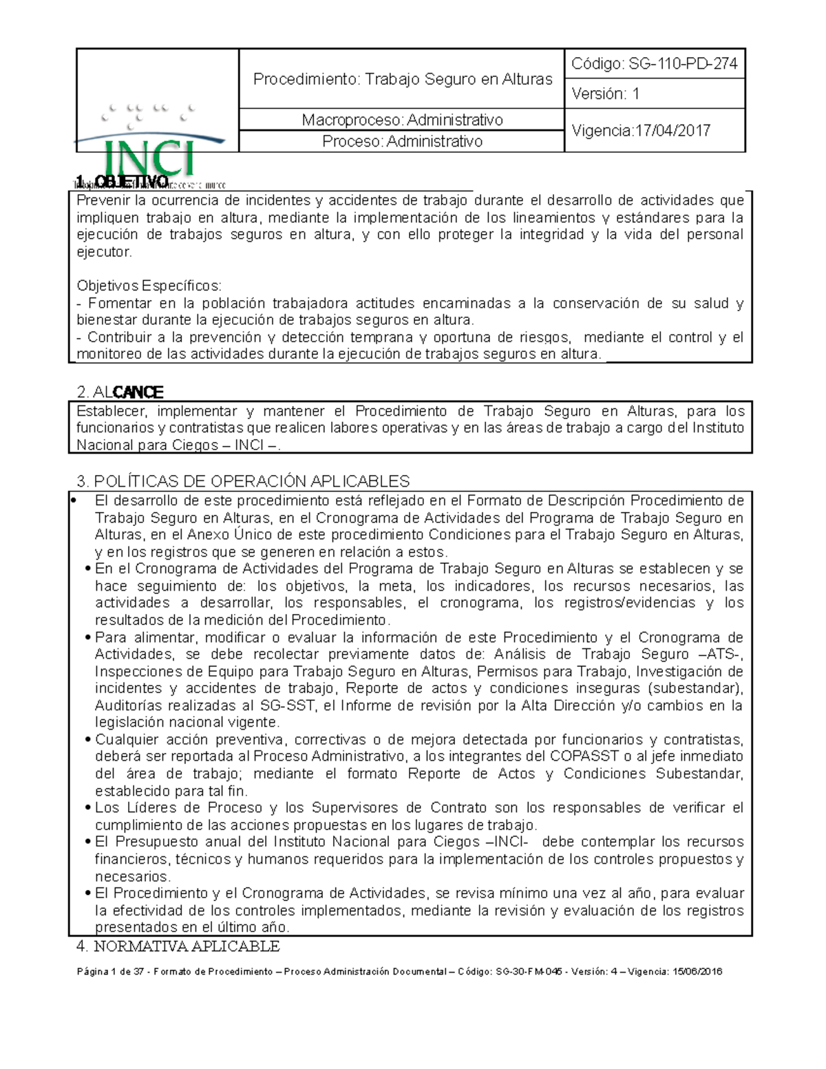 Procedimiento DE Trabajo Seguro EN Alturas - Procedimiento: Trabajo Seguro en Alturas Versión: 1 ...