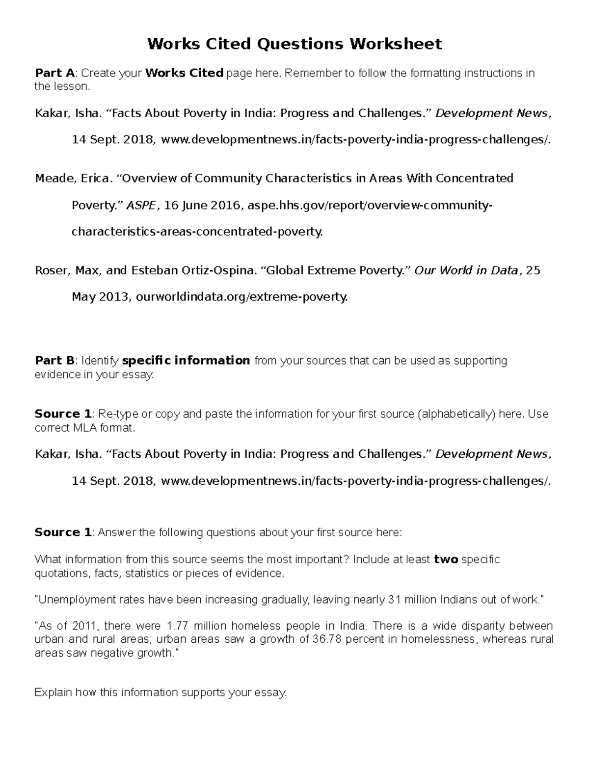 english writing assignment - Works Cited Questions Worksheet Part A ...