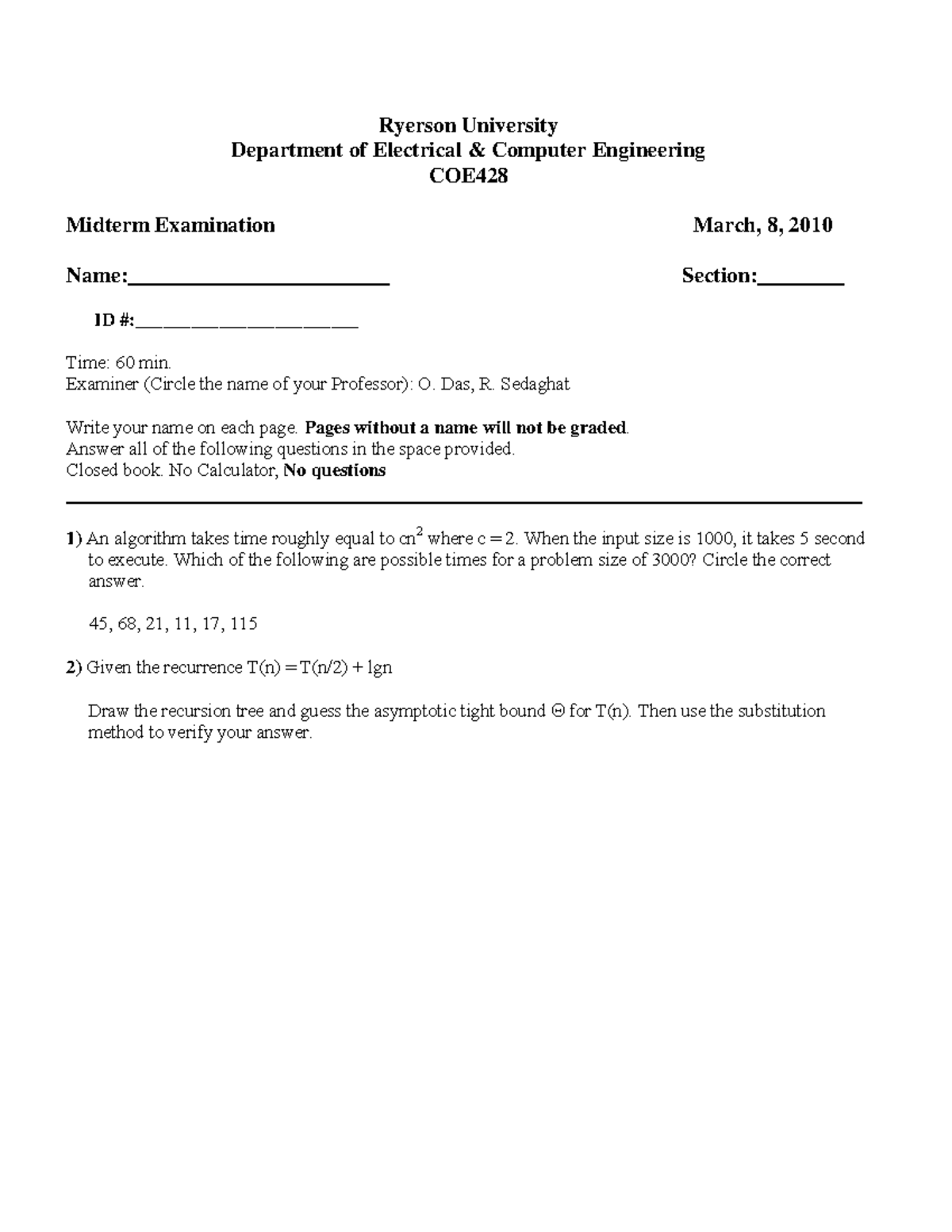 COE428-midterm-2010-and-Sol - Ryerson University Department of ...
