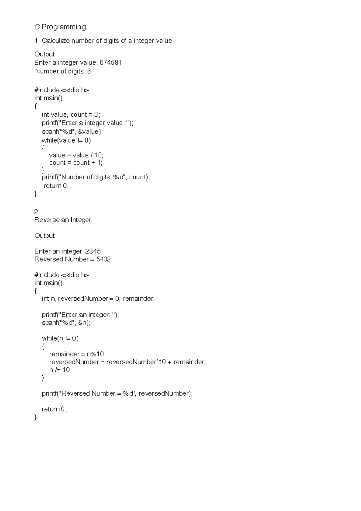 PPS sample programs - Output 2. Reverse an Integer Output Enter an ...