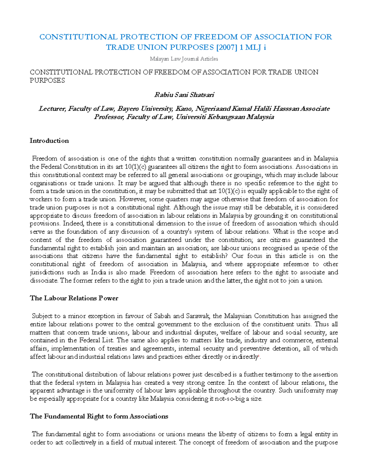 Constitutional Protection OF Freedom OF Association - CONSTITUTIONAL ...