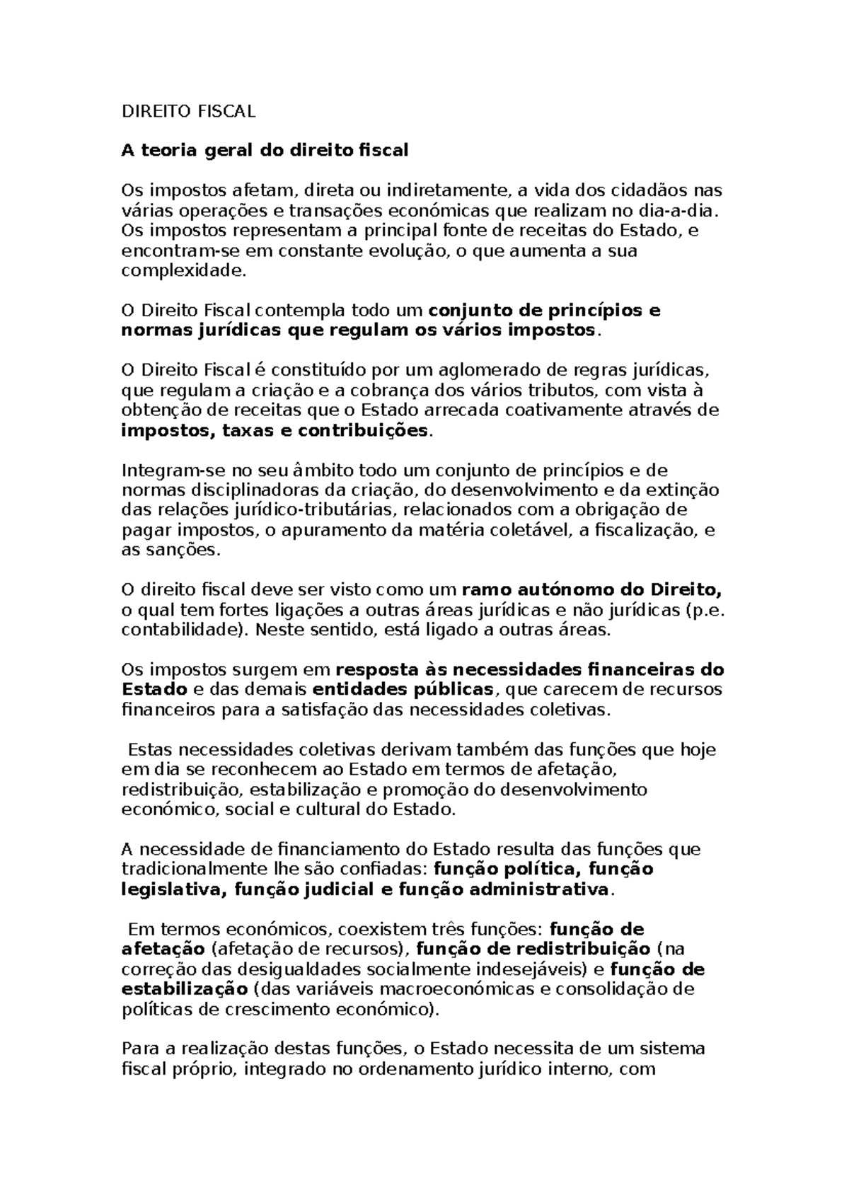 Direito Fiscal resumos - DIREITO FISCAL A teoria geral do direito ...