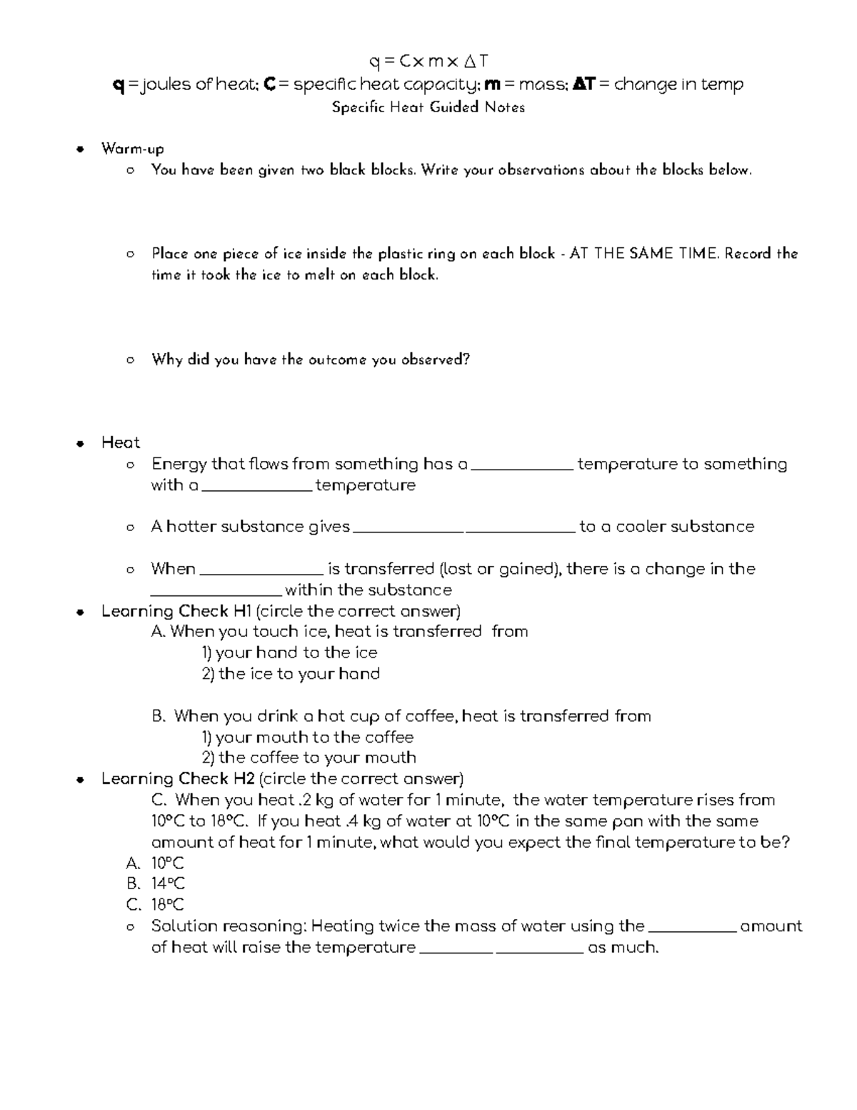 Vashaw Specific Heat Remediate Guided Notes - q = C x m x ΔT q = joules ...