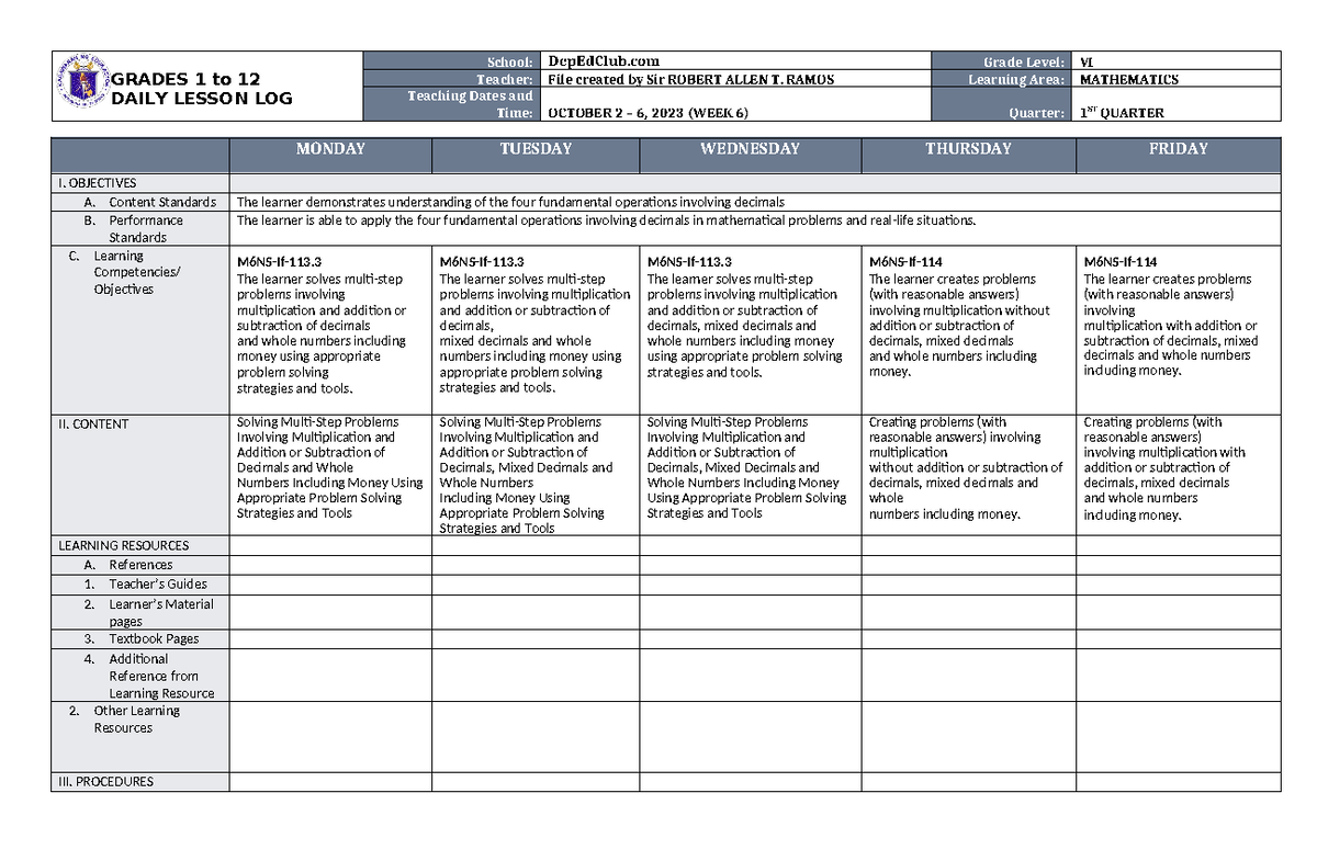 DLL Mathematics 6 Q1 W6 - Learners Material - GRADES 1 to 12 DAILY ...