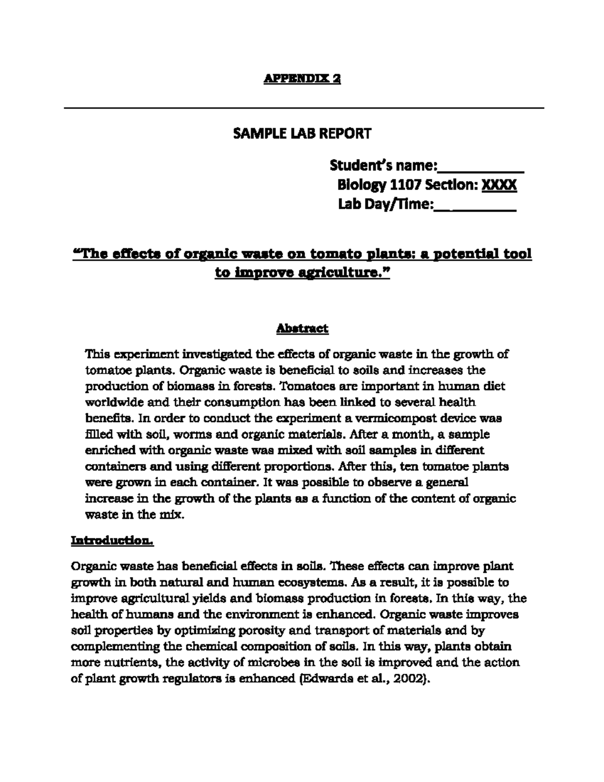 Lab 1 sample lab report - lab - APPENDIX 2 SAMPLE LAB REPORT name ...