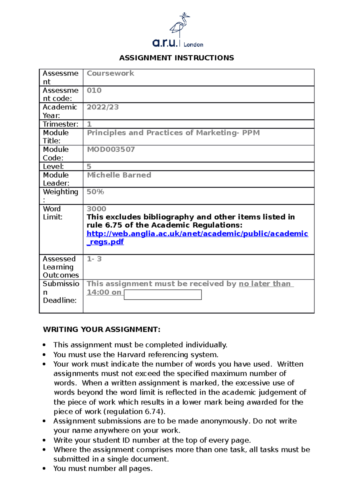 Guidance Notes - ASSIGNMENT INSTRUCTIONS Assessme nt Coursework ...