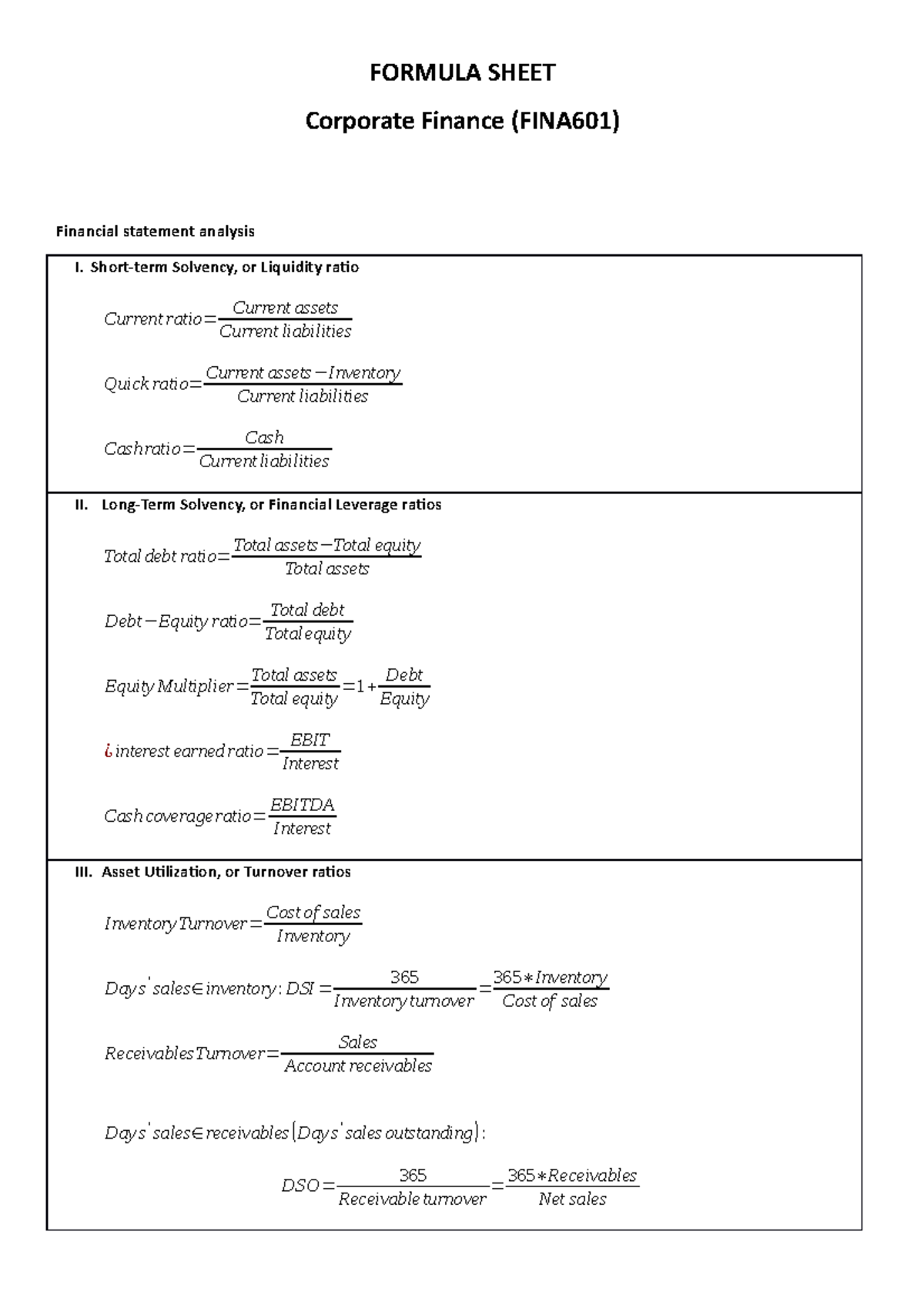 Formula Sheet FINA601 - FORMULA SHEET Corporate Finance (FINA601 ...