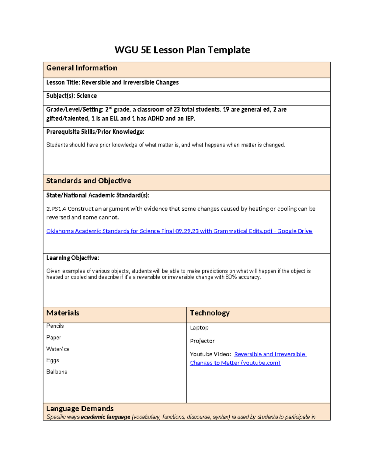 Task 1 - N/A - WGU 5E Lesson Plan Template General Information Lesson ...
