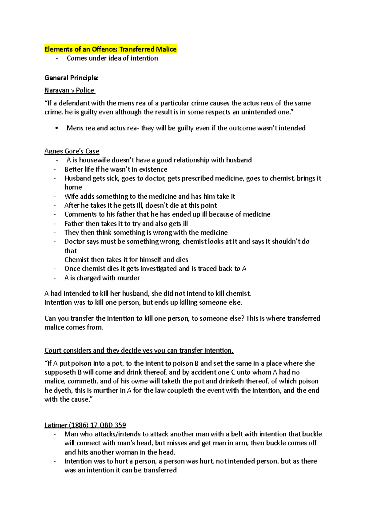 Transferred malice - Full year 2018 crimes notes - Elements of an ...
