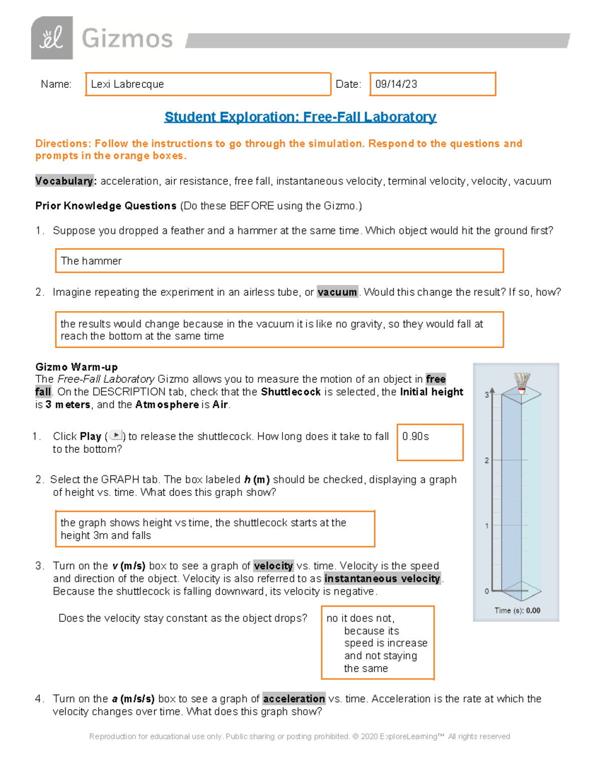Copy of Free Fall Gizmo - Name: Lexi Labrecque Date: 09/14/ Student ...