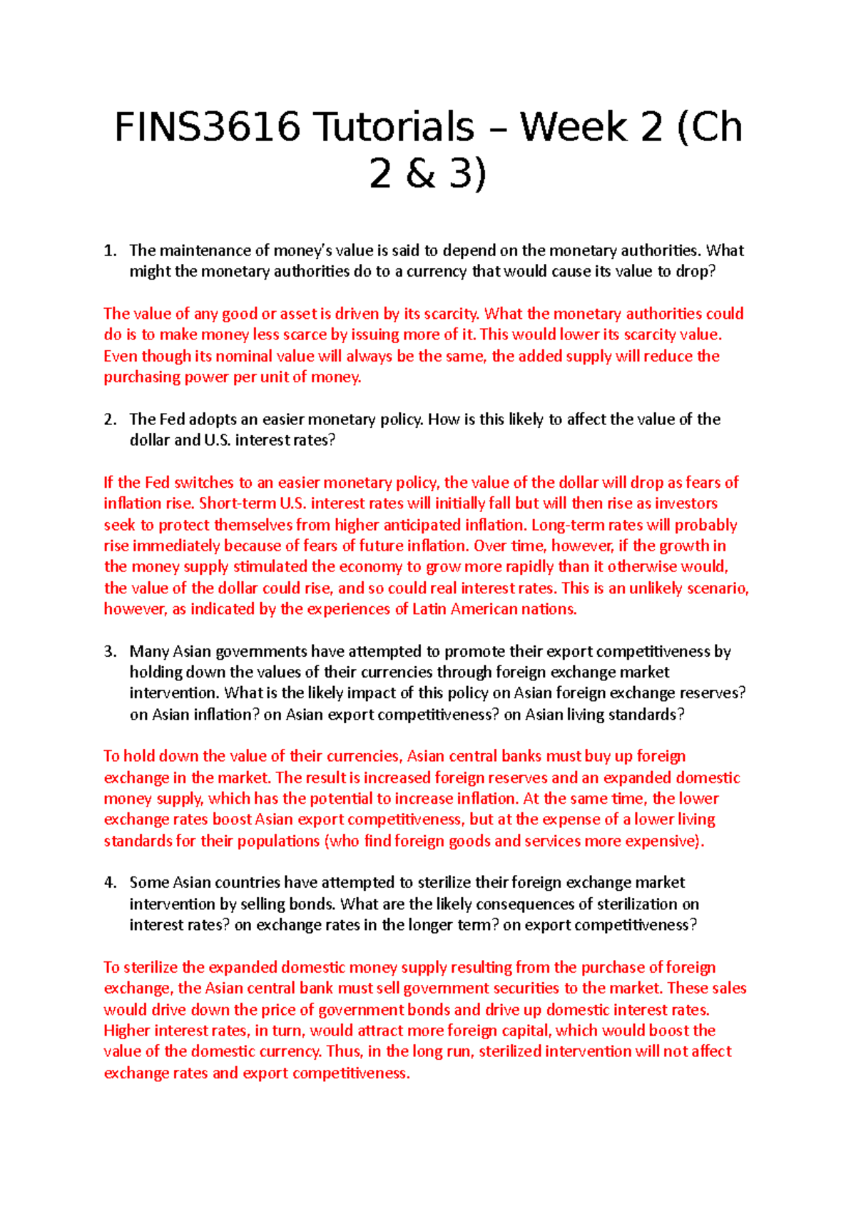 FINS 3616 tutorials - week 2, questions - FINS3616 Tutorials – Week 2 (Ch 2 & 3) The maintenance ...