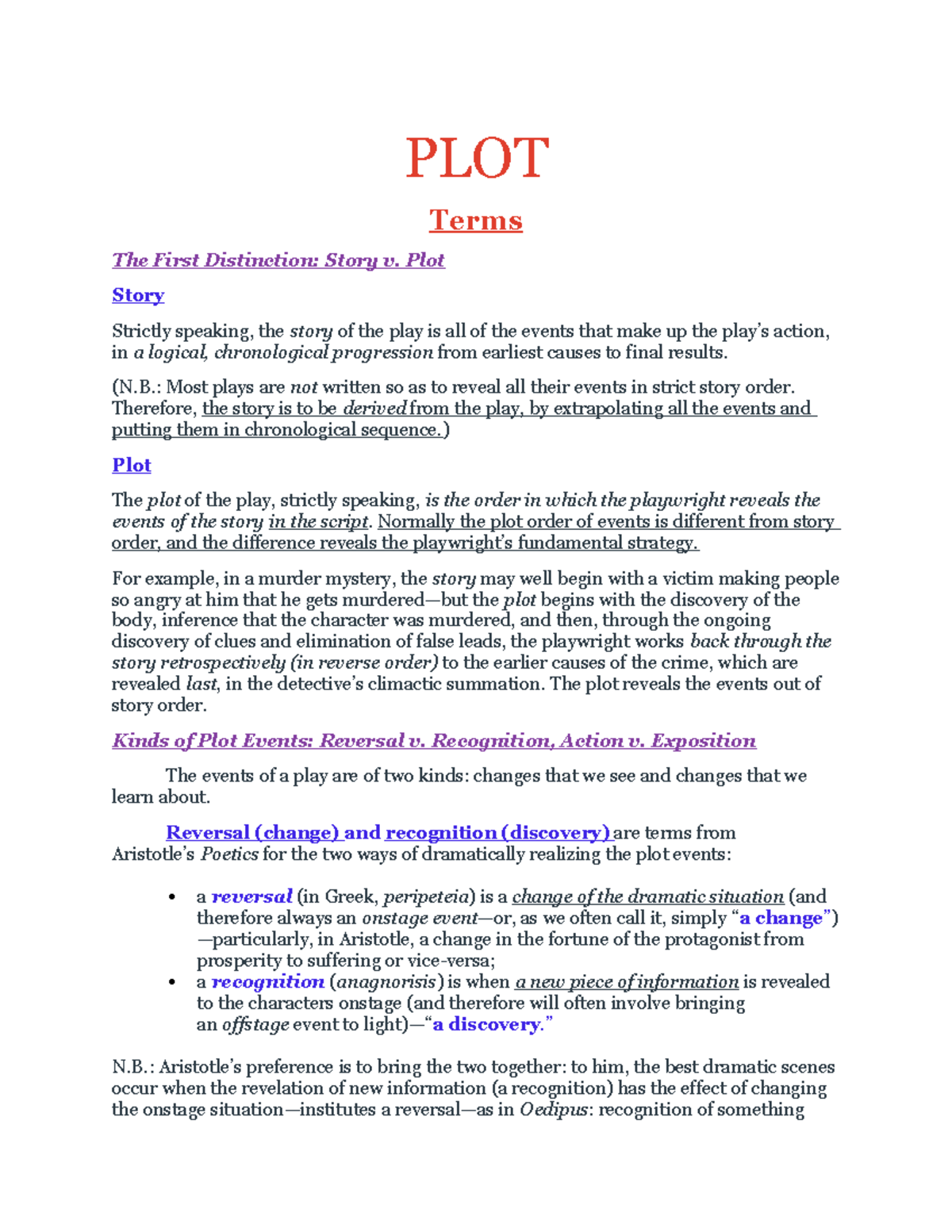 PLOT handout notes - PLOT Terms The First Distinction: Story v. Plot ...