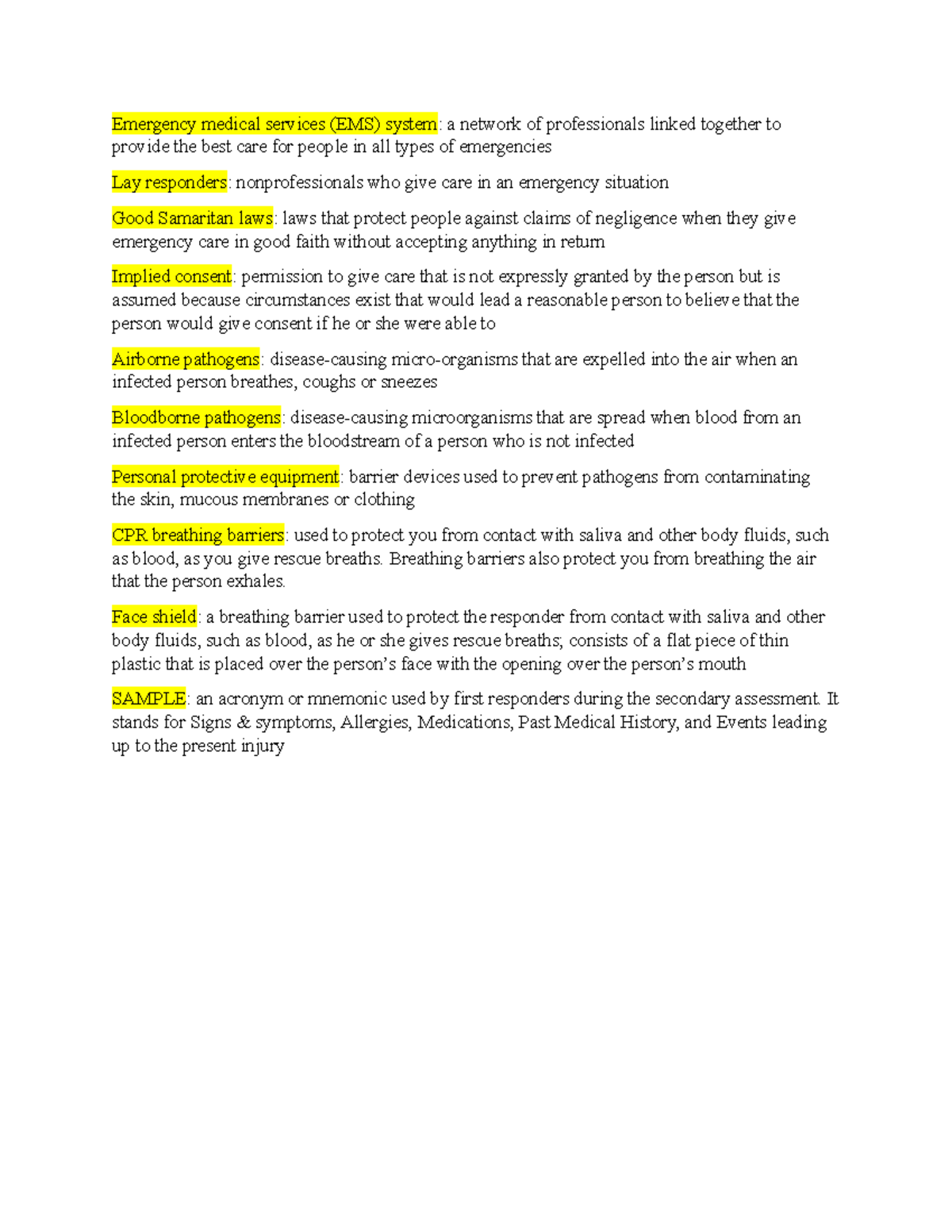 CPR Vocab Chap. 1 and 2 - health care - Emergency medical services (EMS ...