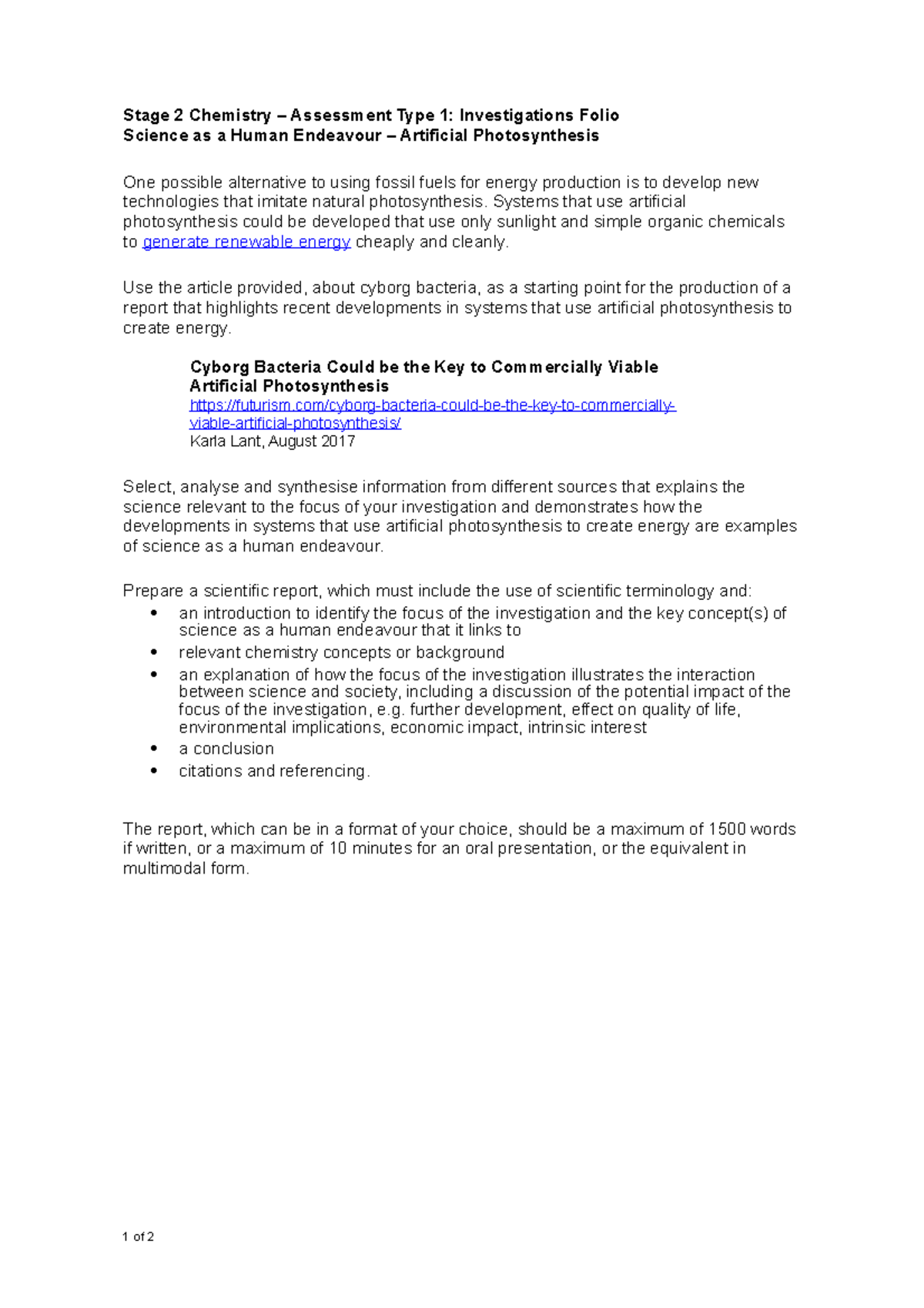 Artificial photosynthesis SHE task - Stage 2 Chemistry – Assessment ...