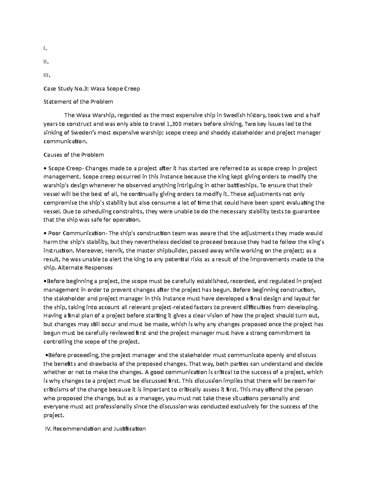 Case Study 3 ( Operations Management) - I. II. III. Case Study No: Wasa ...