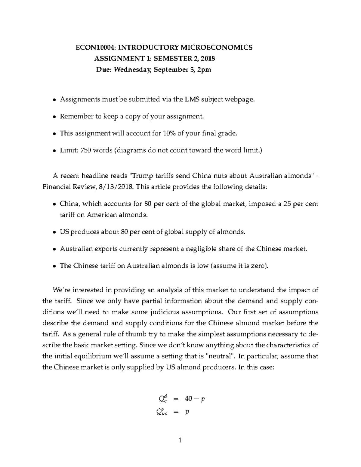 Assignment 1 - outline - ECON10004: INTRODUCTORY MICROECONOMICS ASSIGNMENT 1: SEMESTER 2, 2018 ...
