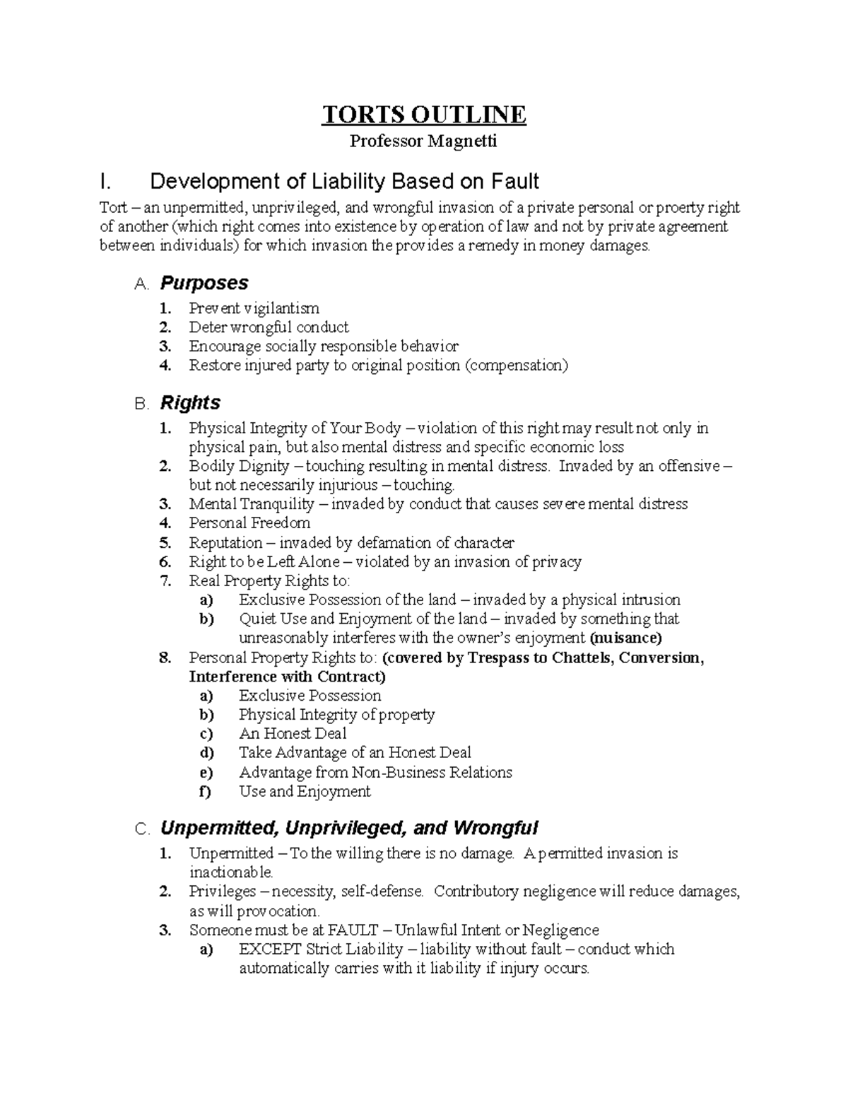 Torts Law Outline - Professor Zuniga - TORTS OUTLINE Professor Magnetti ...