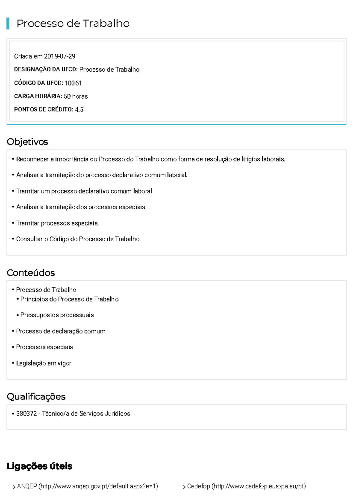 Objetivos da UFCD 10361 - Processo de Trabalho Ligações úteis ANQEP ...