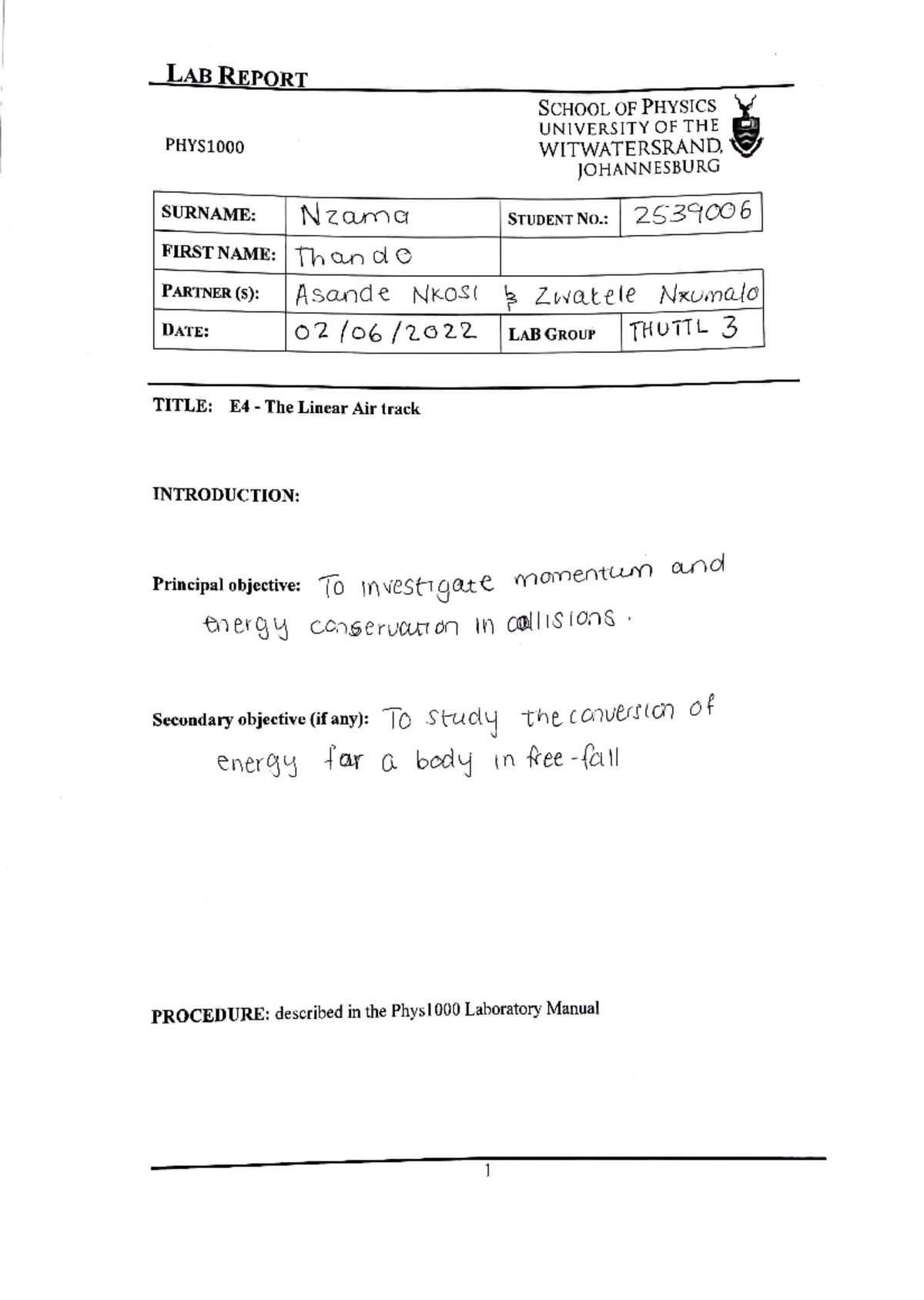 Experiment 4 The linear air track - PHYS1032/1033 - Studocu