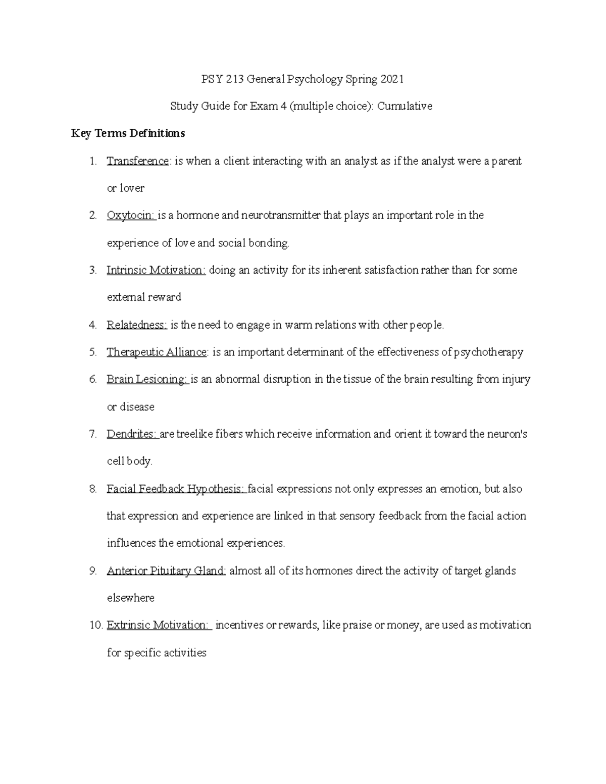 PSY213 Study Guide 4 - PSY 213 General Psychology Spring 2021 Study Guide for Exam 4 (multiple ...