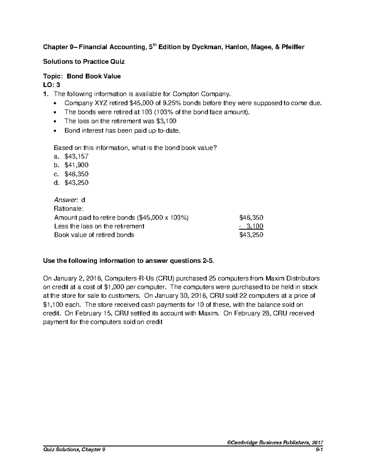 FA5e Ch09 Quiz Solution 052516 Berk Ch - ©Cambridge Business Publishers ...