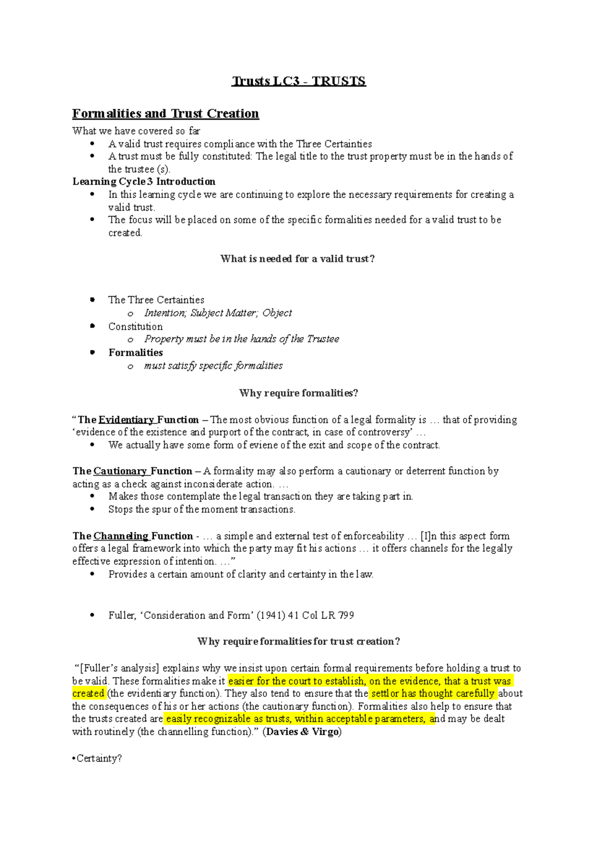Trusts Law Lecture : Notes 3 - Trusts LC3 - TRUSTS Formalities and ...