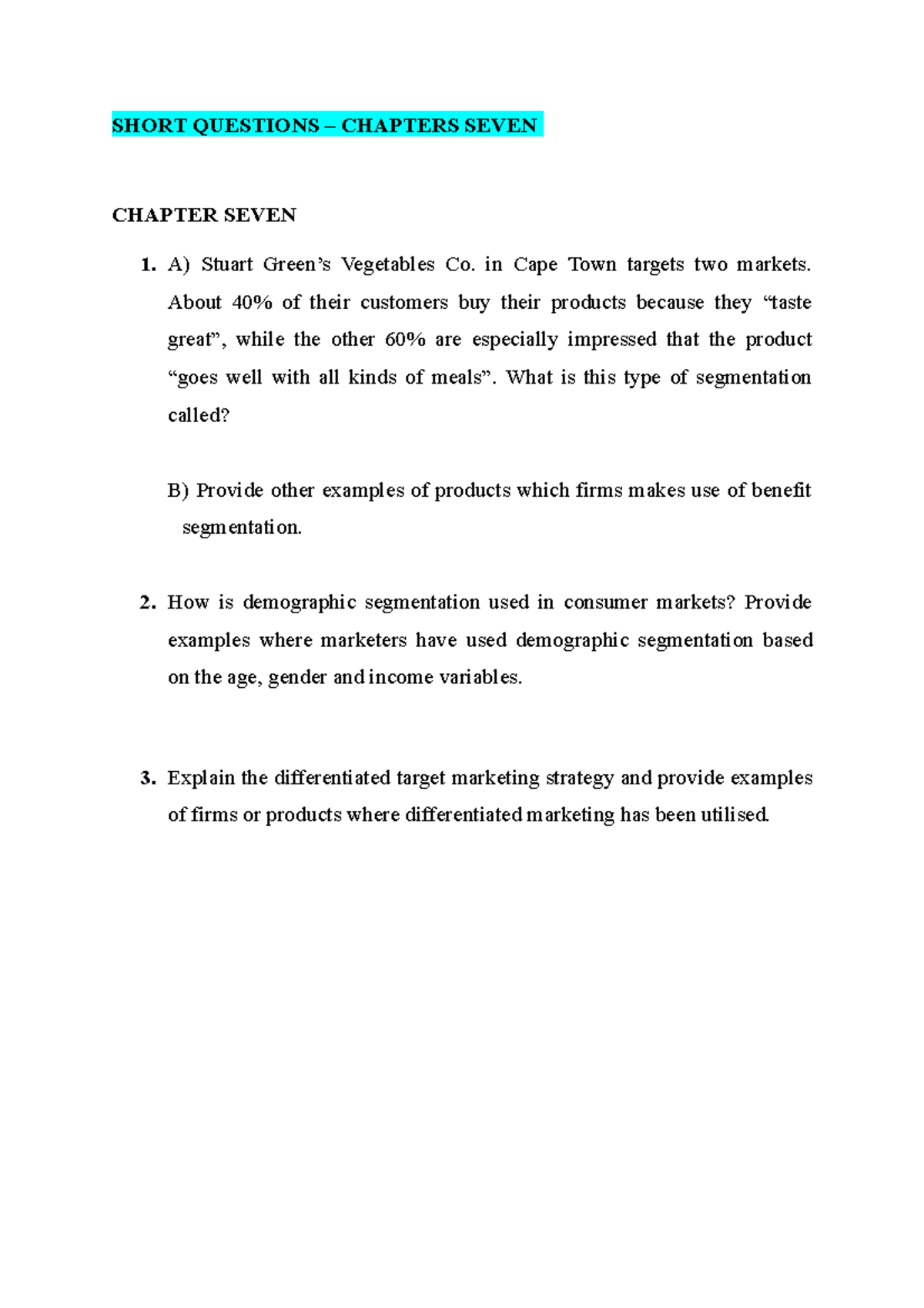 Short Questions - Chapters Seven - SHORT QUESTIONS – CHAPTERS SEVEN ...