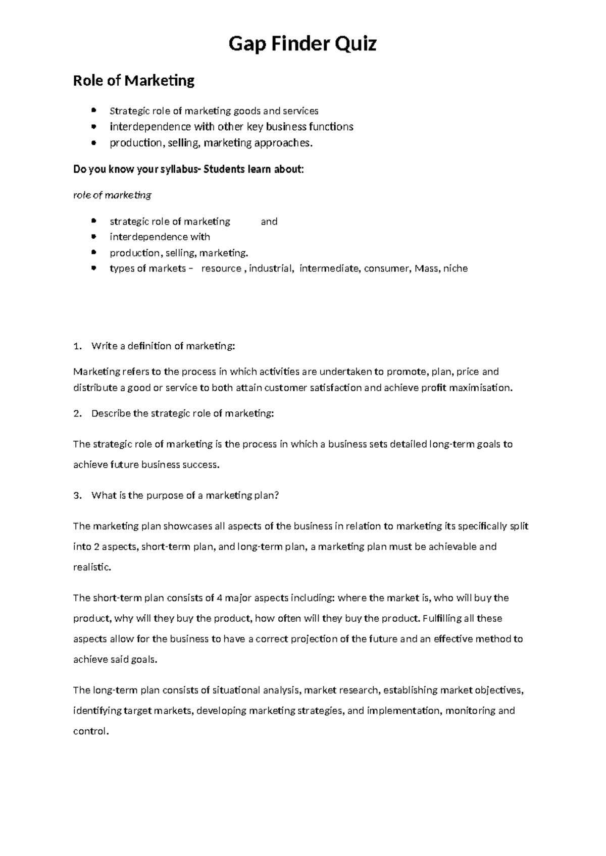 Gap Finder Quiz - Gap Finder Quiz Role of Marketing Strategic role of ...