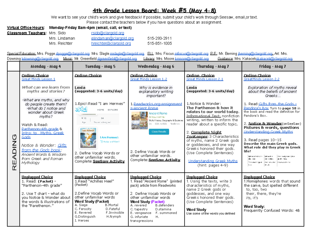 6 - 4th Grade Lesson Board Week 5 May 4-8 - 4th Grade Lesson Board ...