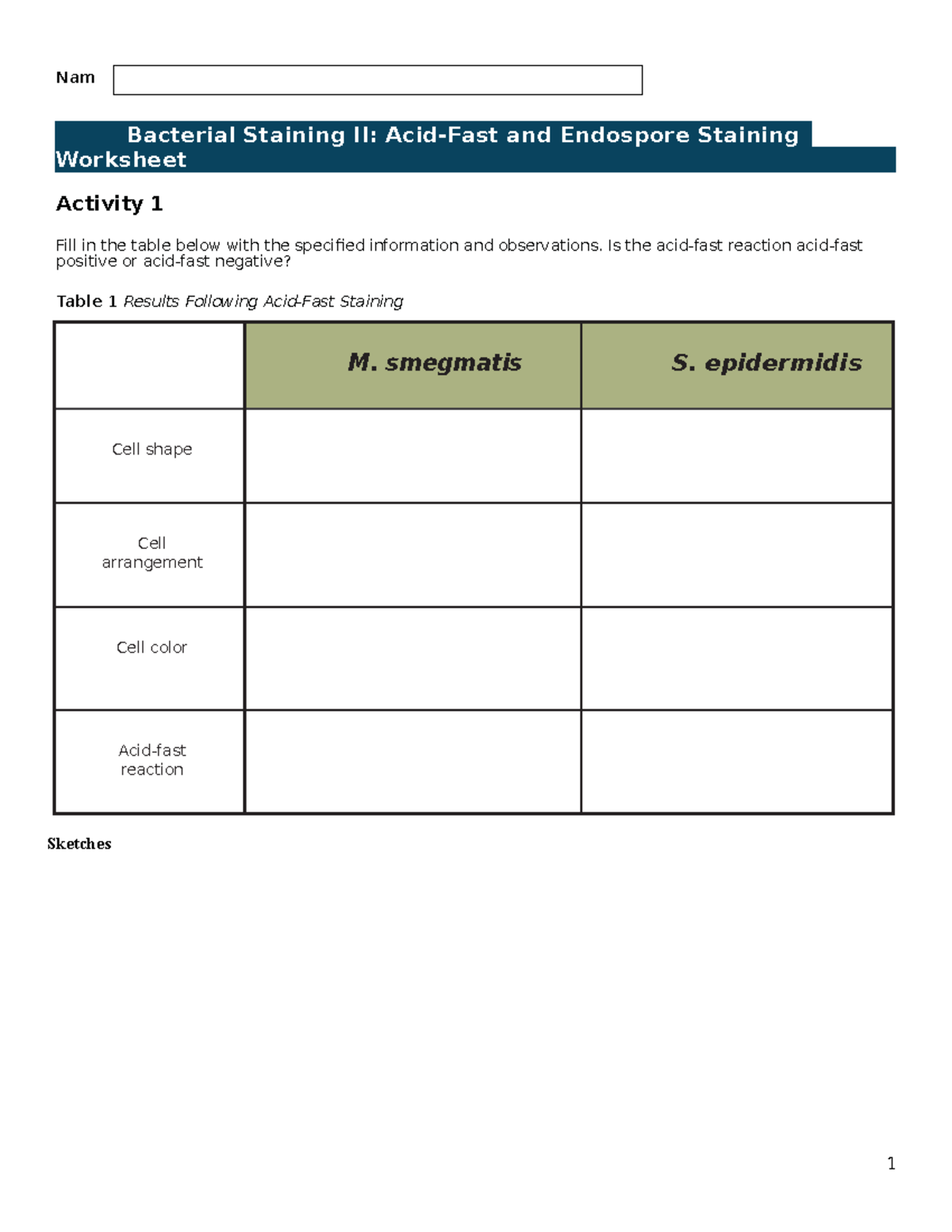 Bacterial Staining II Wrksht - Bacterial Staining II: Acid-Fast and ...