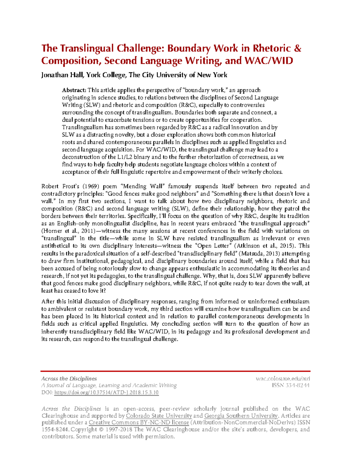 Hall2018 understanding about translingualism - Across the Disciplines ...