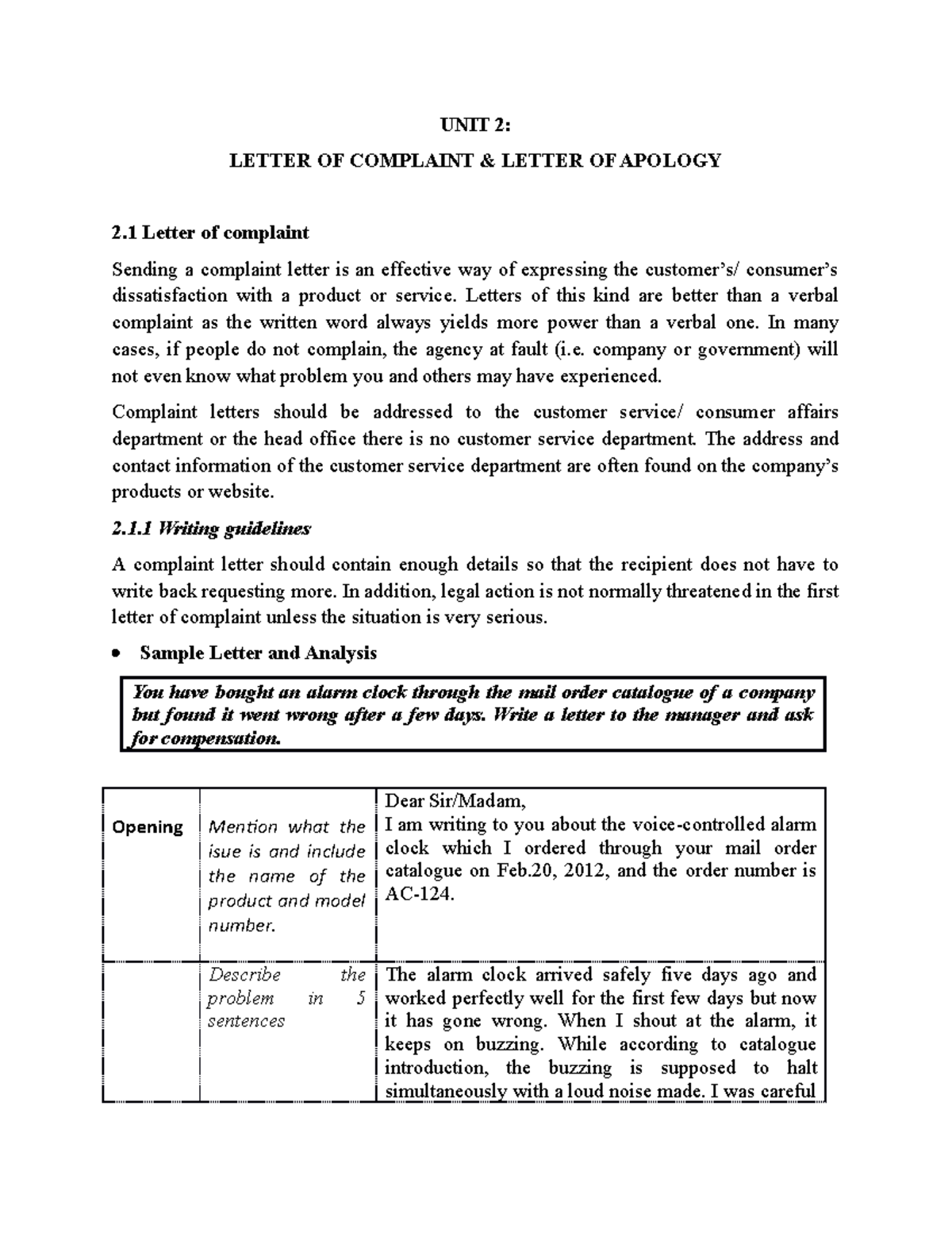 UNIT 2 Writing UNIT 2 LETTER OF COMPLAINT LETTER OF APOLOGY 2 unit-2-writing-unit-2-letter-of-complaint-letter-of-apology-2