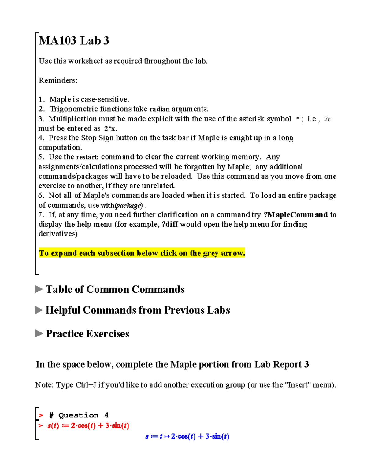 Lab 3 Maple Worksheet Solutions - >> >> MA103 Lab 3 Use this worksheet ...