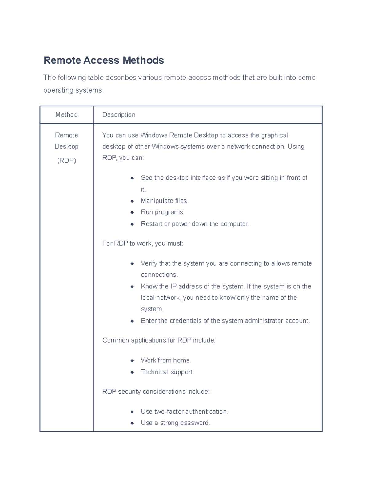 8.3.2 Remote Access Technologies Facts - Remote Access Methods The following table describes ...