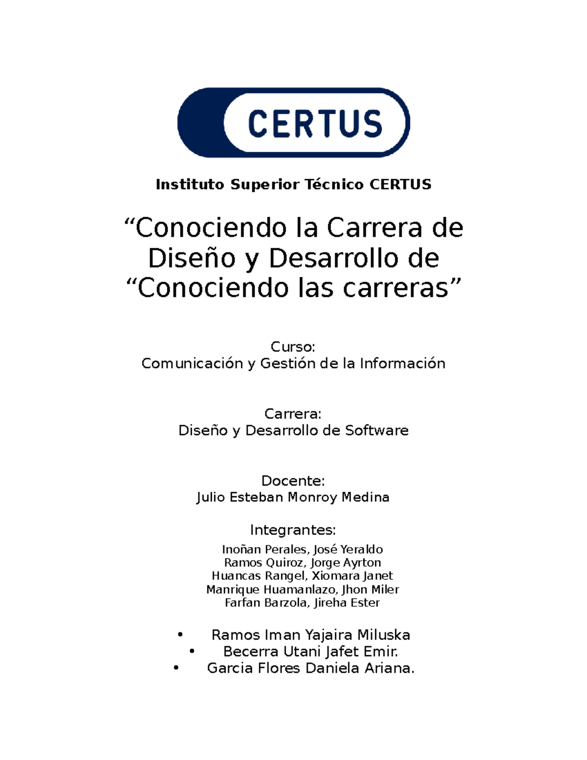 Diseño y Desarrollo de Software (avance 3) - Instituto Superior Técnico CERTUS “Conociendo la ...