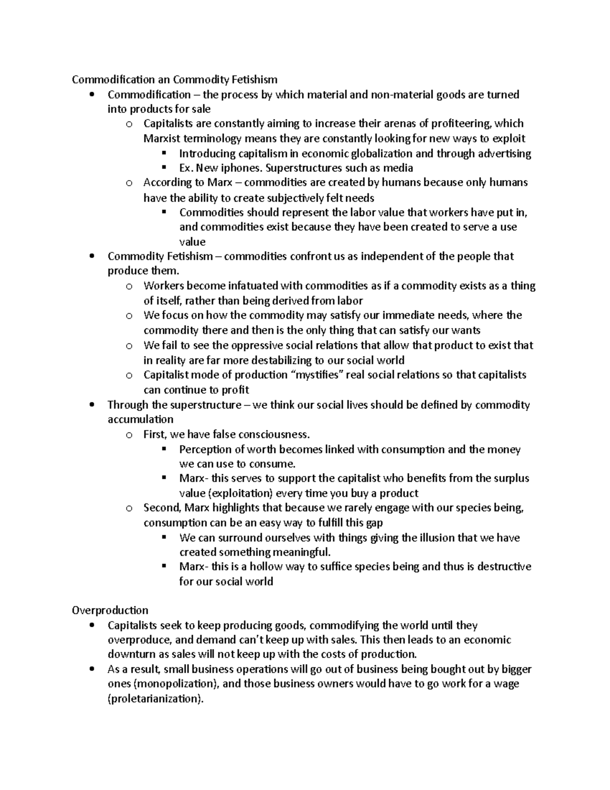 SOC 301 Module 8 notes - Commodification an Commodity Fetishism ...