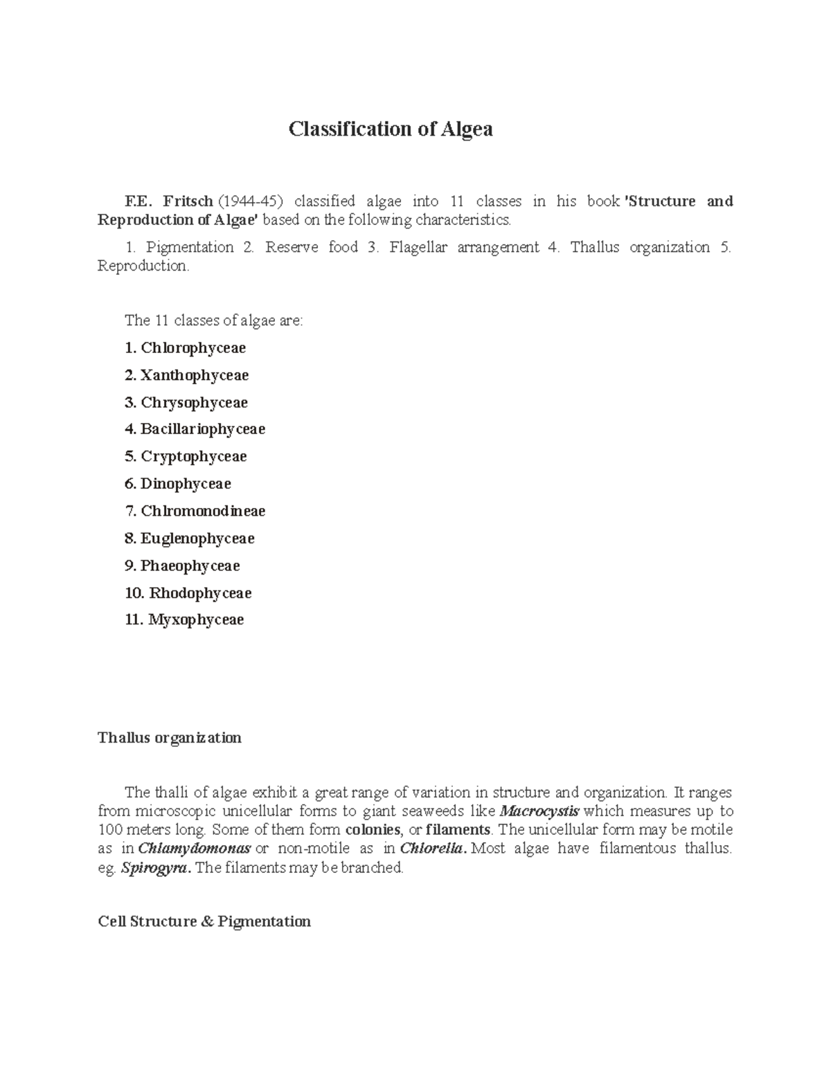 Classification of Algea - Fritsch (1944-45) classified algae into 11 ...
