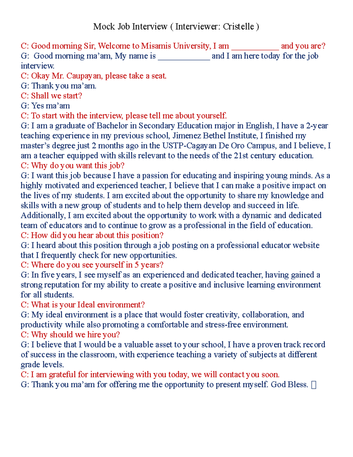 Mock job interview - Mock Job Interview ( Interviewer: Cristelle ) C ...