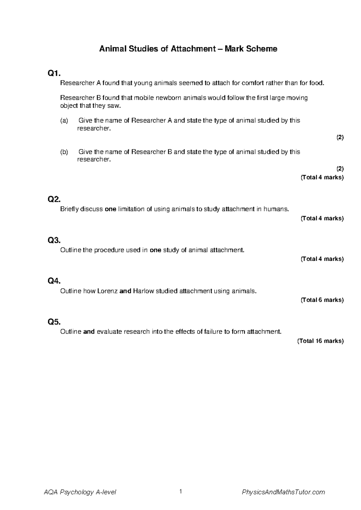 Animal Studies of Attachment - Researcher A found that young animals ...