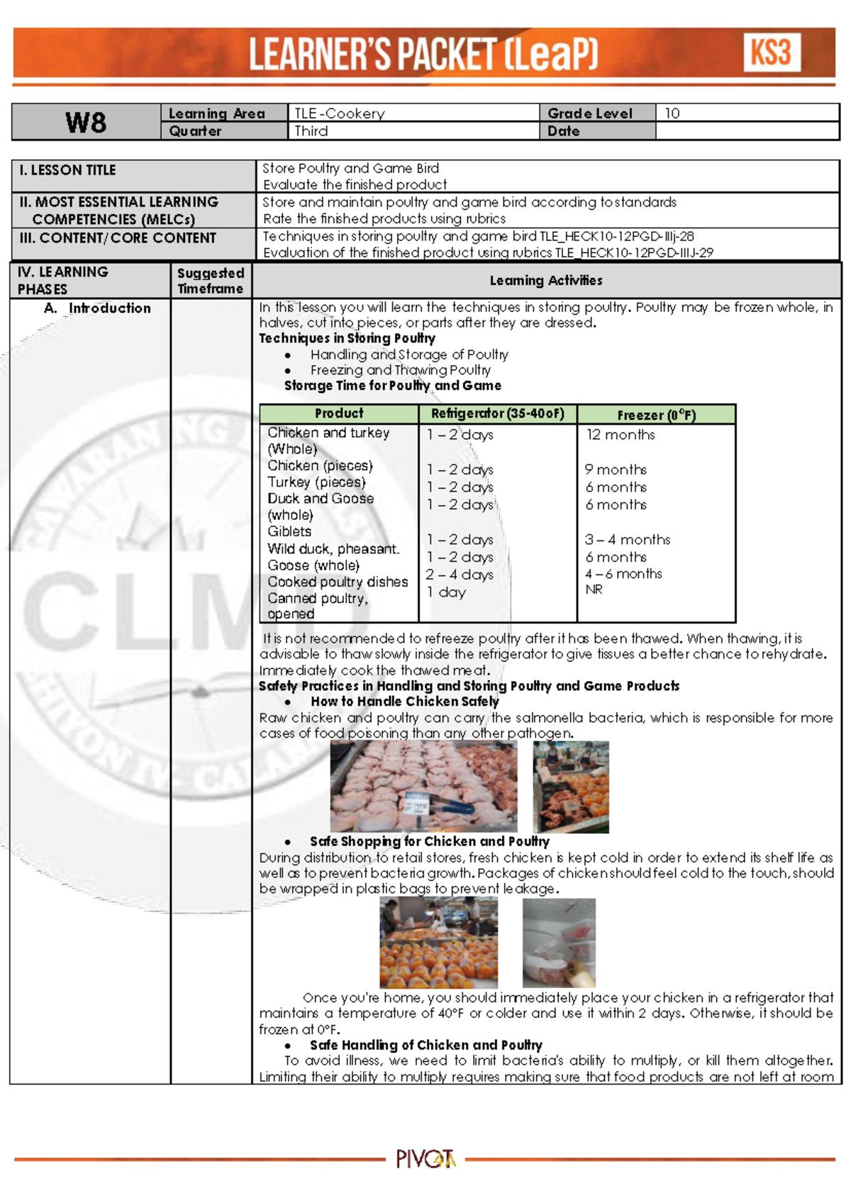 TLE Cookery 10 week8 - .... - I. LESSON TITLE Store Poultry and Game ...