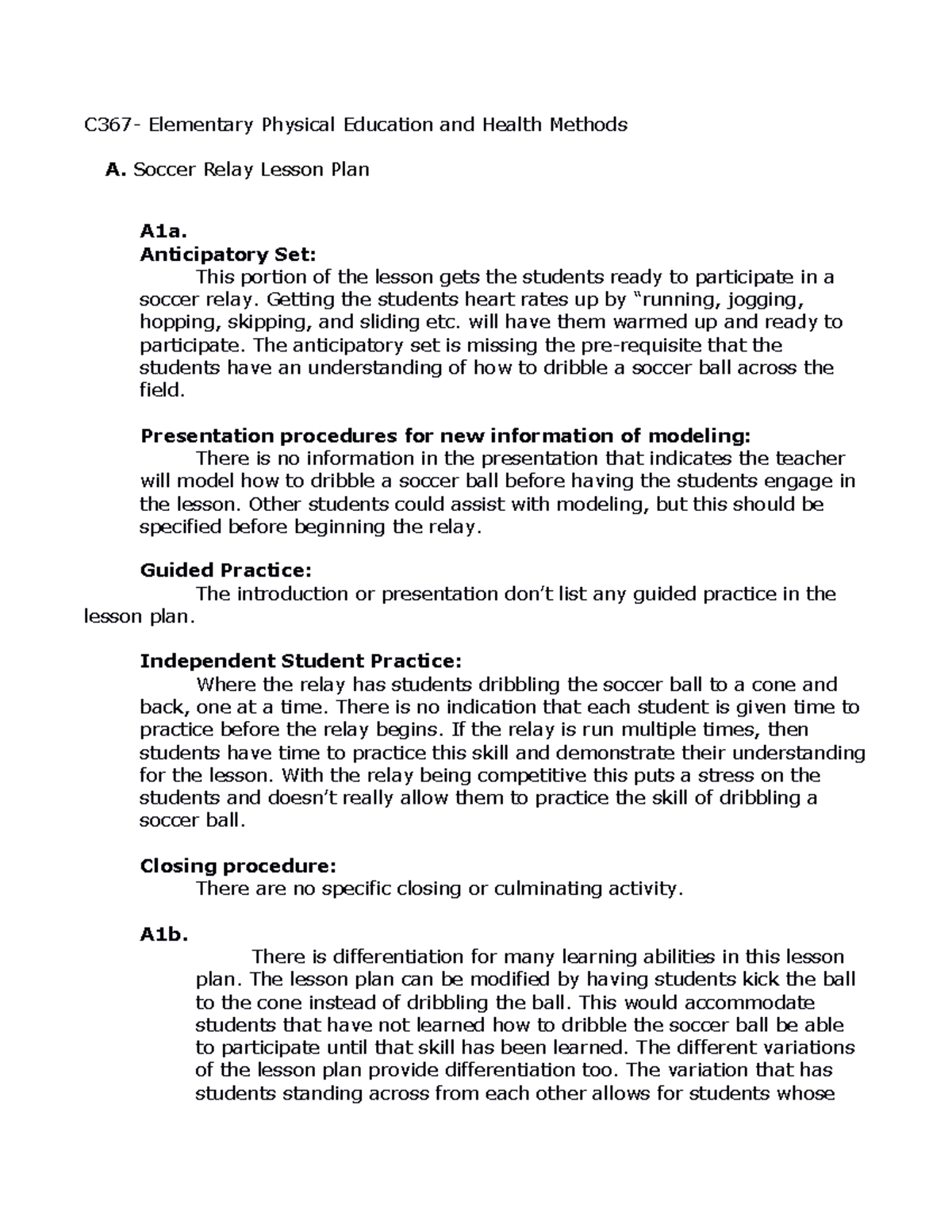 Phyical Education and Health Methods - Soccer Relay Lesson Plan A1a ...