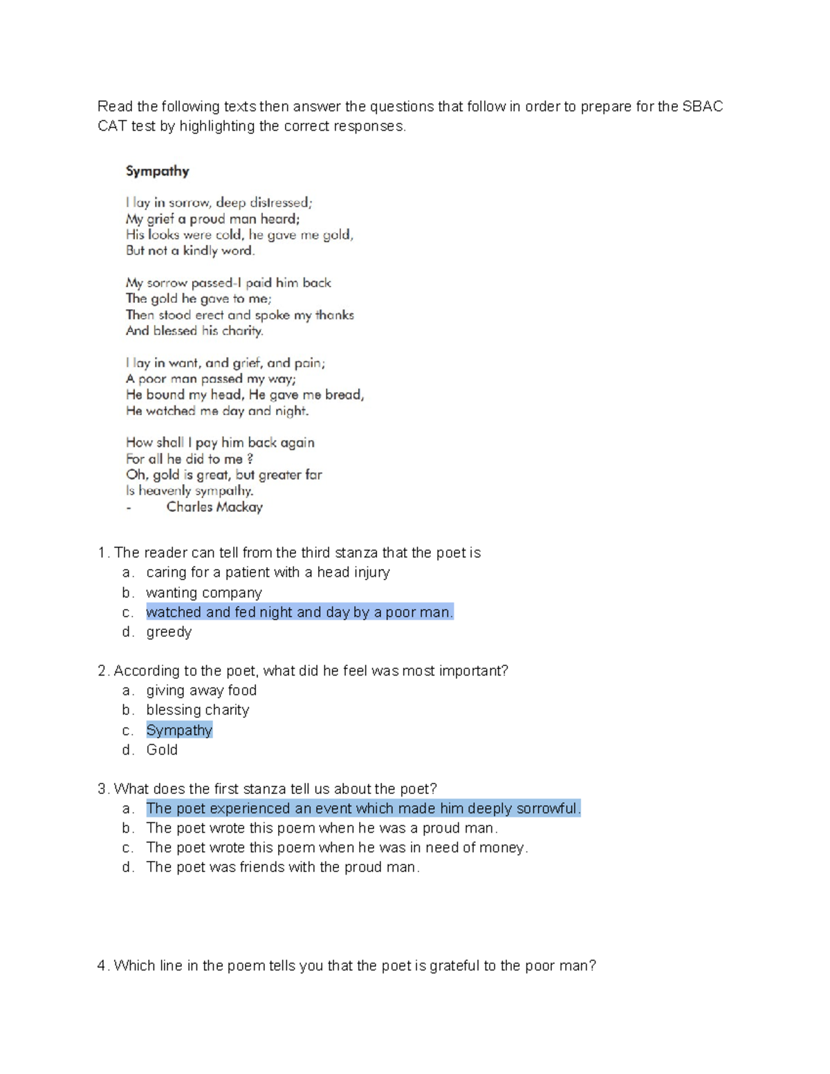 SBAC CAT Questions Practice - Read the following texts then answer the ...