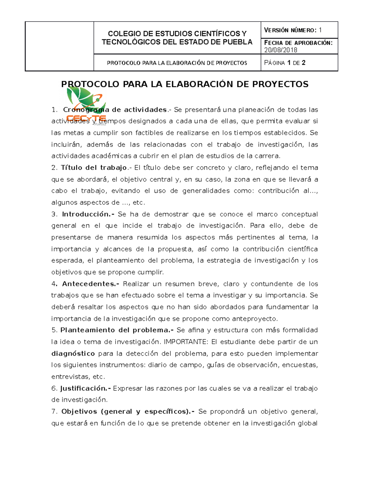 Protocolo para la Elaboracion de Proyectos - COLEGIO DE ESTUDIOS CIENTÍFICOS Y TECNOLÓGICOS DEL ...