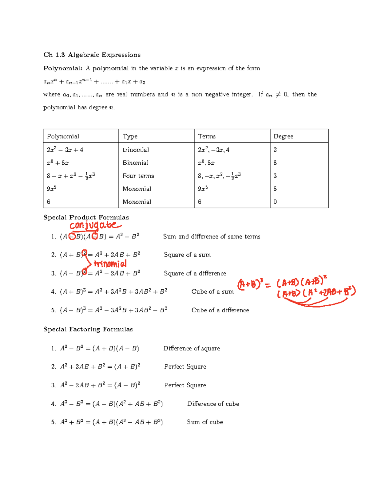 2022-09-13 Precalc PART 1 - Ch 1 Algebraic Expressions Polynomial: A ...