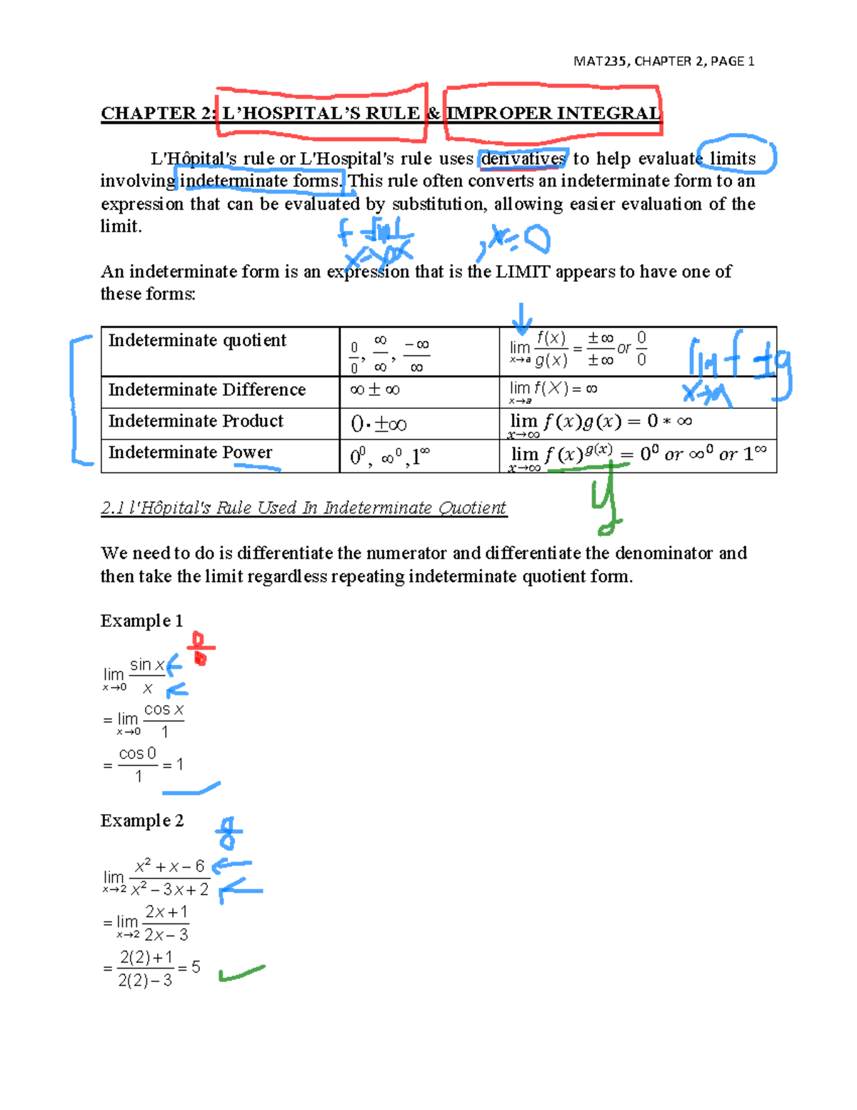 Chapter 2 L’ Hospital’S RULE & Improper Integral - discussed - CHAPTER ...