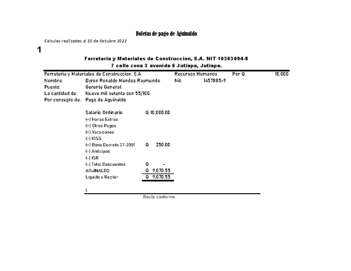 Boleta de Aguinaldo - Calculos realizados al 20 de Octubre 2022 1 ...