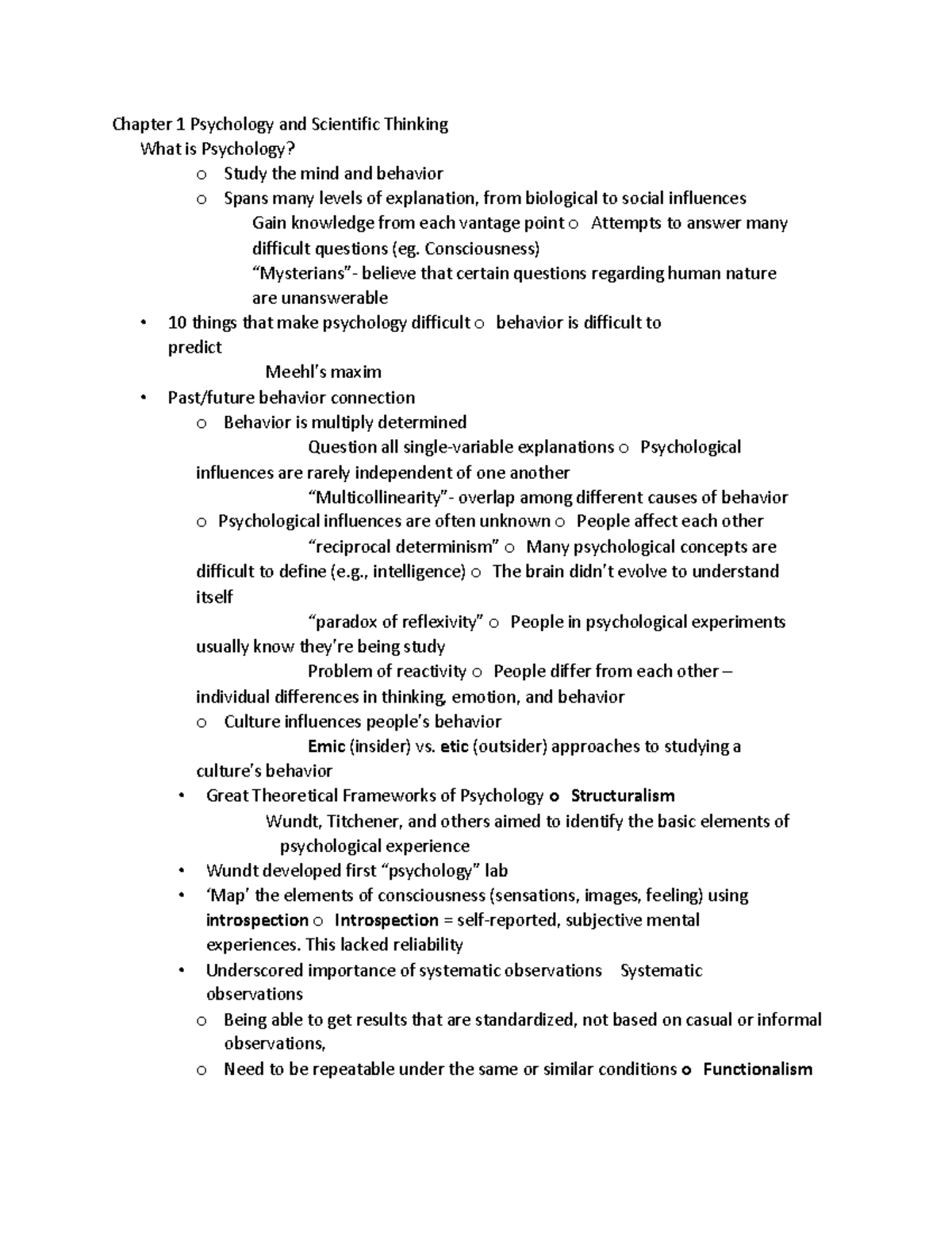 Psychology notes-1 - Chapter 1 Psychology and Scientific Thinking What ...