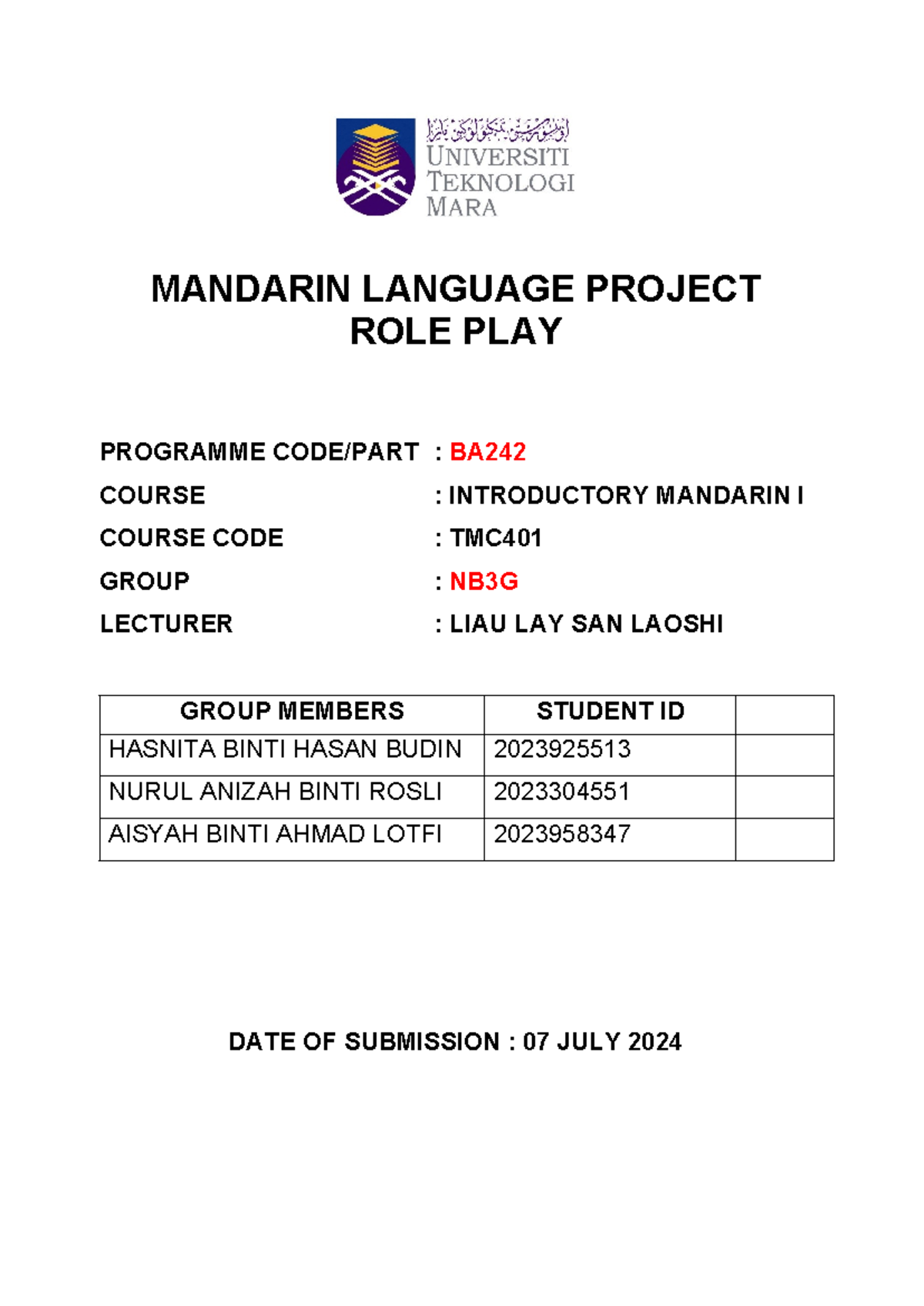 SCRIPT FOR VIDEO ROLEPLAY - GROUP ASSIGNMENT - MANDARIN LANGUAGE PROJECT ROLE PLAY PROGRAMME ...