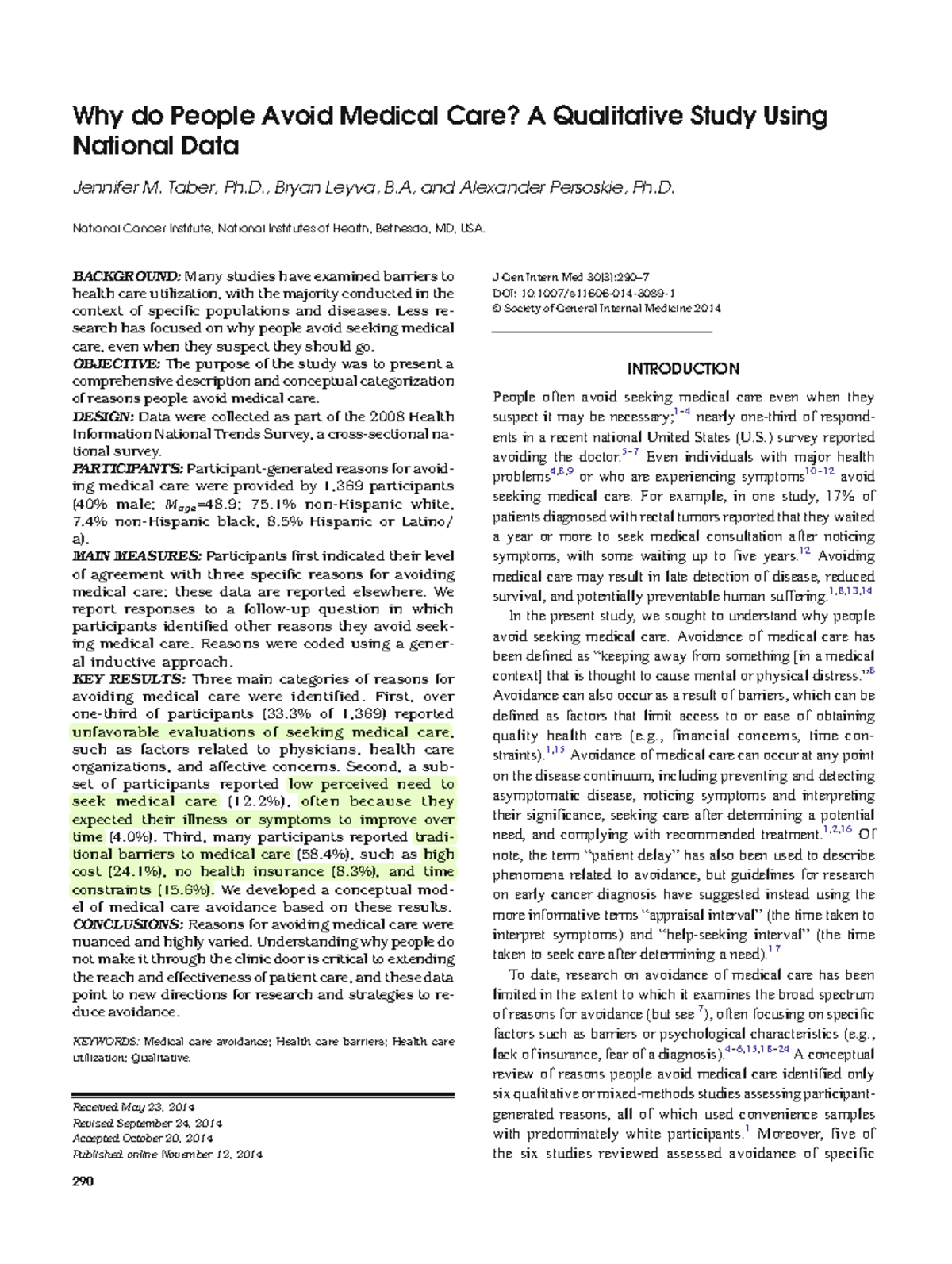 Unit 4 Why do People Avoid Medical Care - Why do People Avoid Medical ...